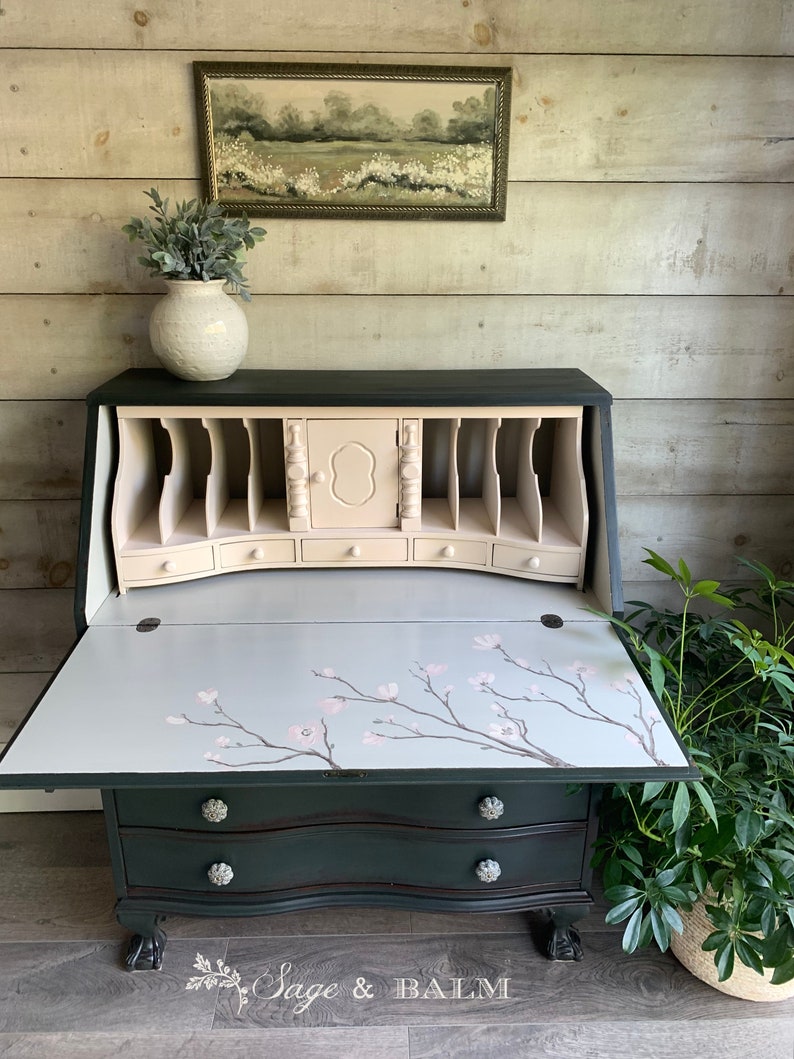 SOLD | Green Handpainted Antique Secretary Desk W/drawers | Dark Green ...