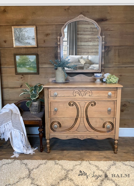 Antique Raw or Blonde Wood Dresser With Mirror 3 Drawer Vintage Light Wood Dresser Unique Eclectic Cottage Style Dresser W Glass Knobs Etsy