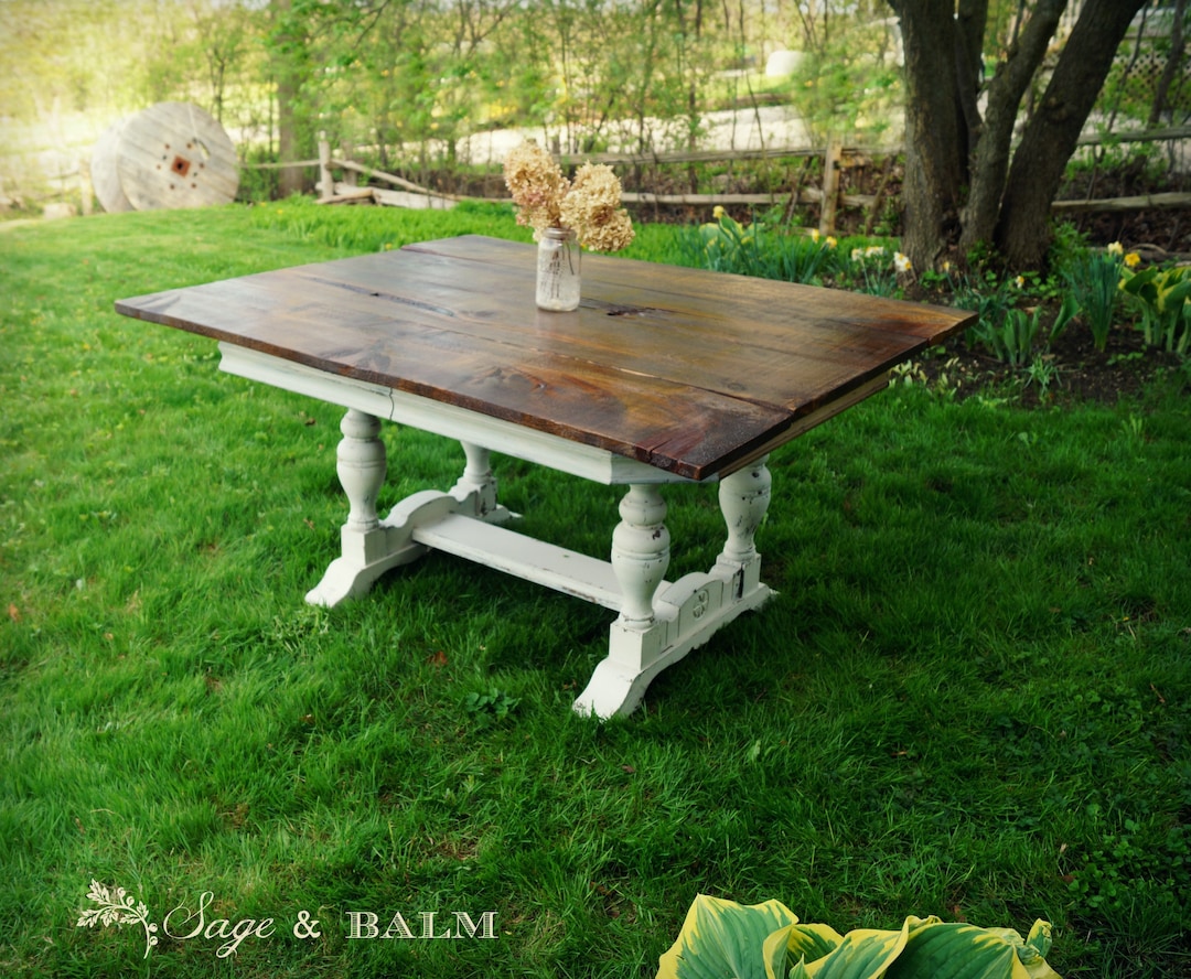 SOLD | French Farmhouse Rustic Shabby Chic Dining Table | Distressed Painted Dining Table ...
