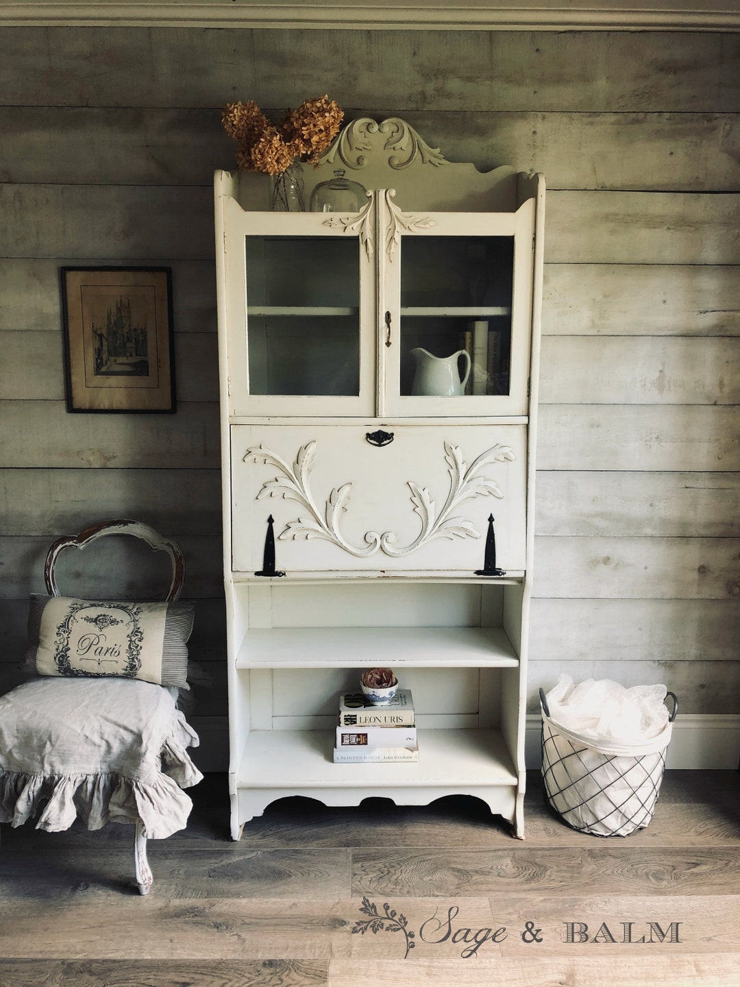 SOLD Shabby Chic White Grey Antique Secretary Desk Bookshelf Distressed Painted Furniture Painted Bookcase White Computer Desk Etsy