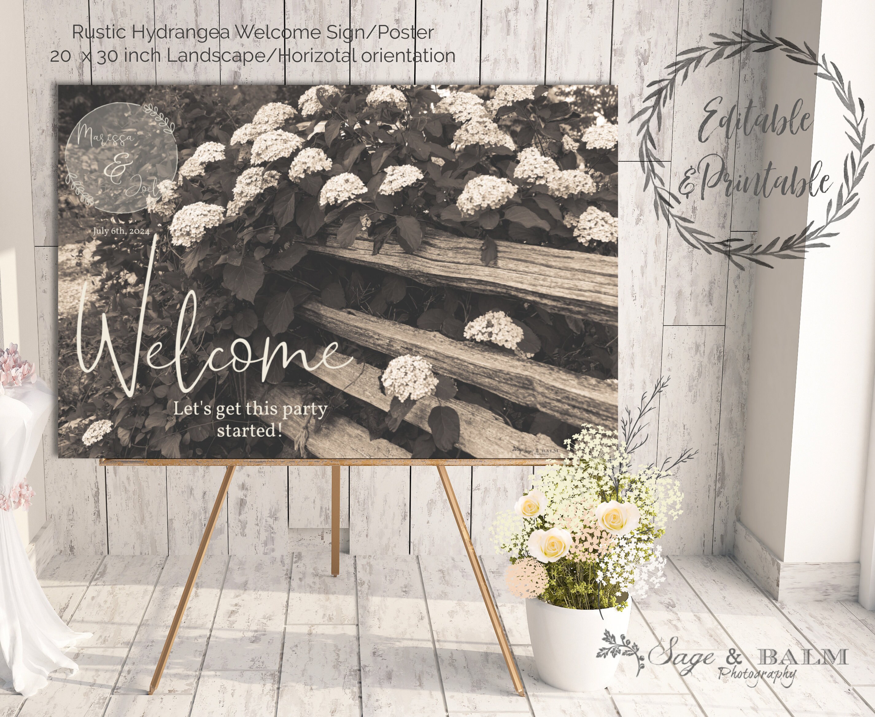 Rustic Hydrangea Digital & Printable Welcome Sign Poster Template ...