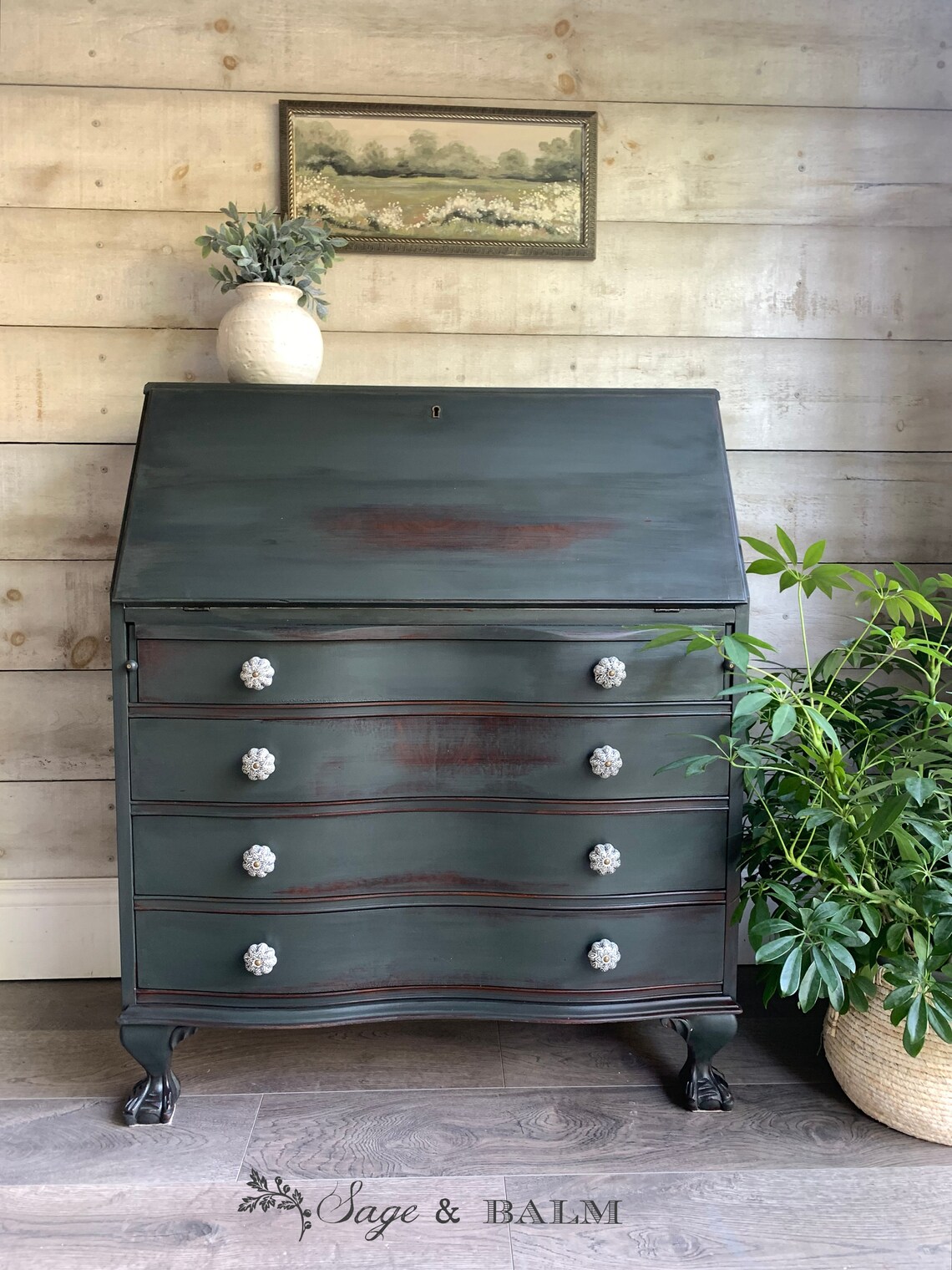 SOLD Green Handpainted Antique Secretary Desk W/drawers Dark Green and ...