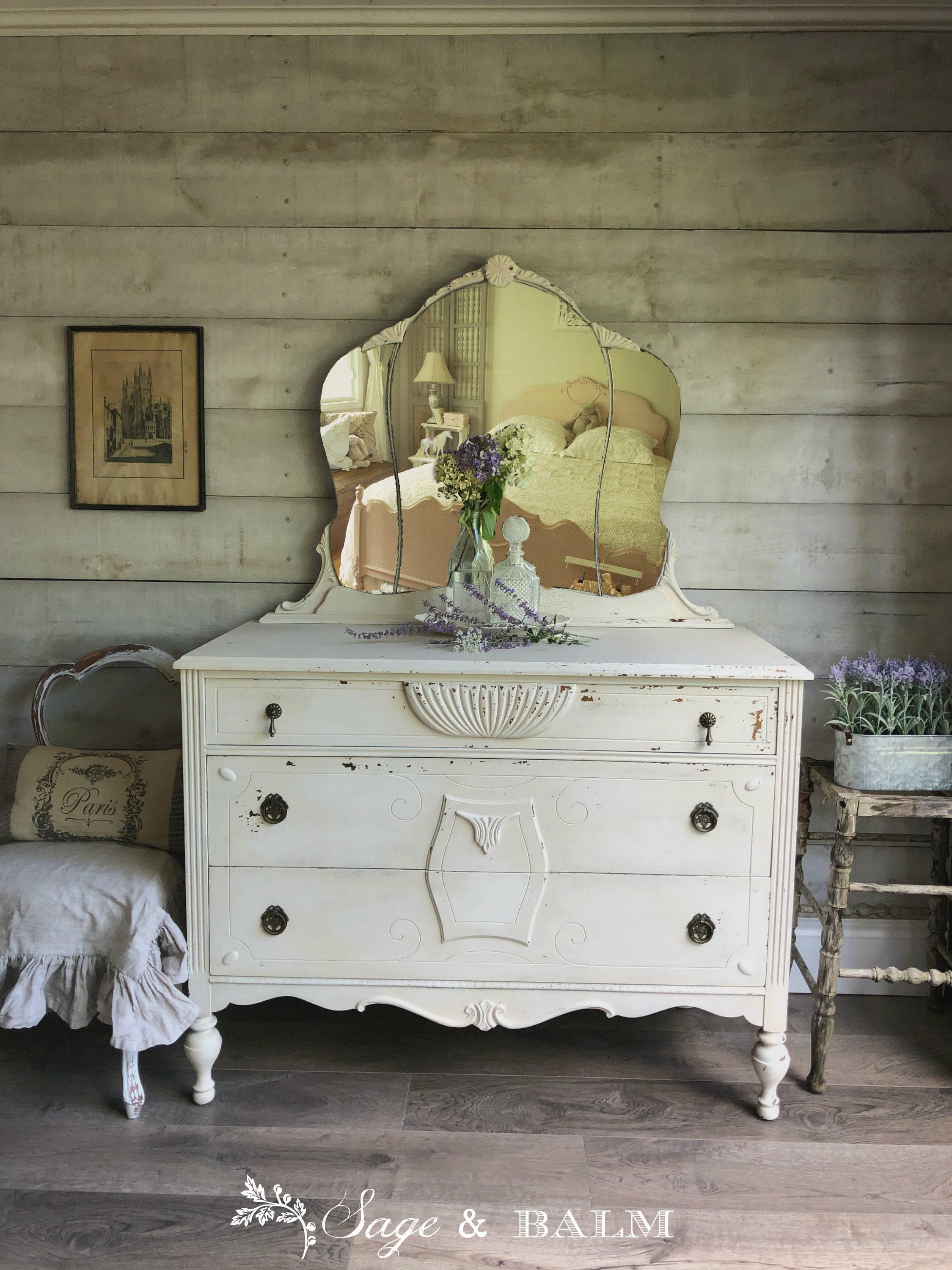 SOLD White Gustavian Shabby Chic Chippy Painted Dresser W mirror Refinished Milk Painted Antique White Dresser Cottage Painted Dresser Etsy
