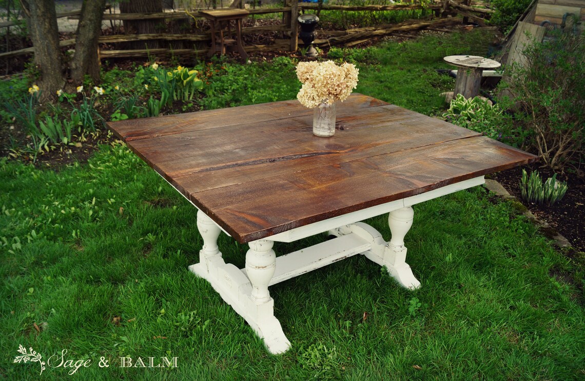 SOLD | French Farmhouse Rustic Shabby Chic Dining Table | Distressed Painted Dining Table ...