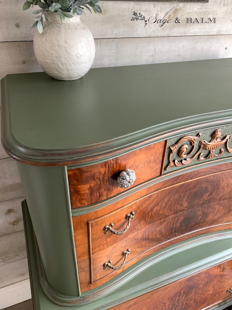SOLD | Green & Mahogany Antique Wood Tallboy Dresser | Painted ...
