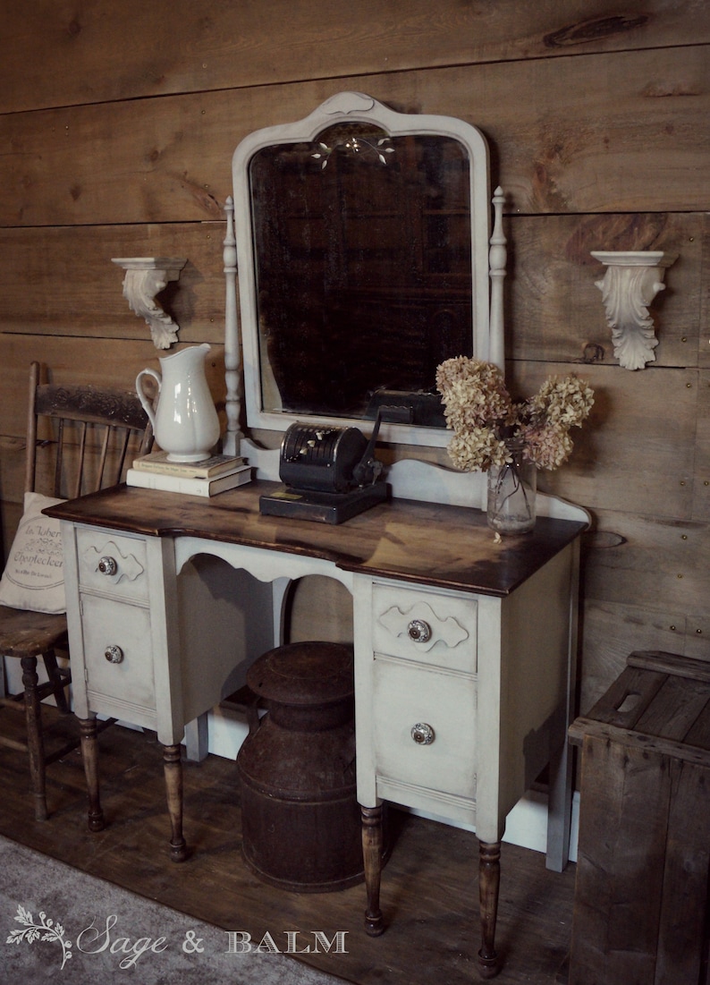 SOLD | Vintage Antique Grey Vanity Desk With Mirror | Chalk Painted ...
