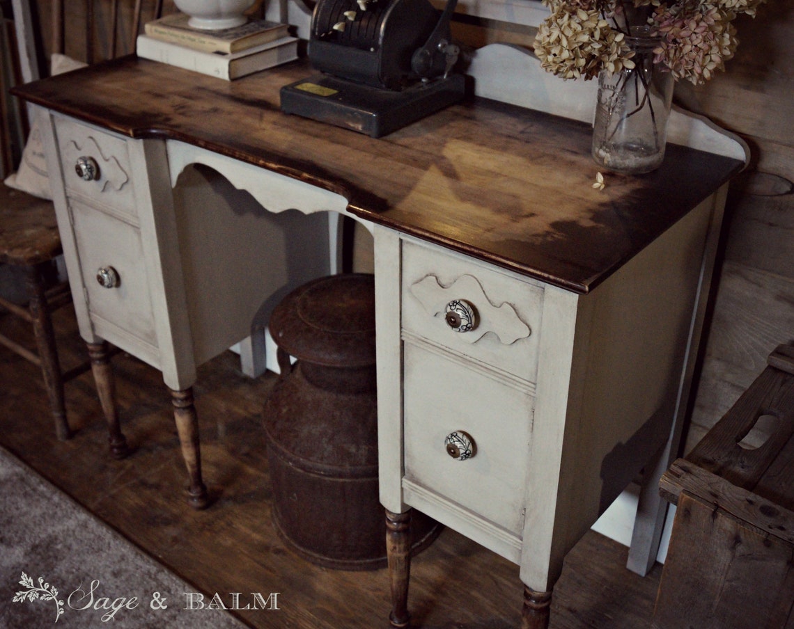 SOLD | Vintage Antique Grey Vanity Desk With Mirror | Chalk Painted ...