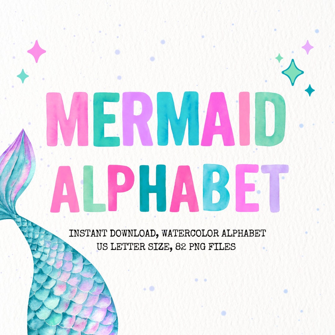 Watercolor Alphabet PNG, Mermaid Party, Watercolor Alphabet Clipart ...
