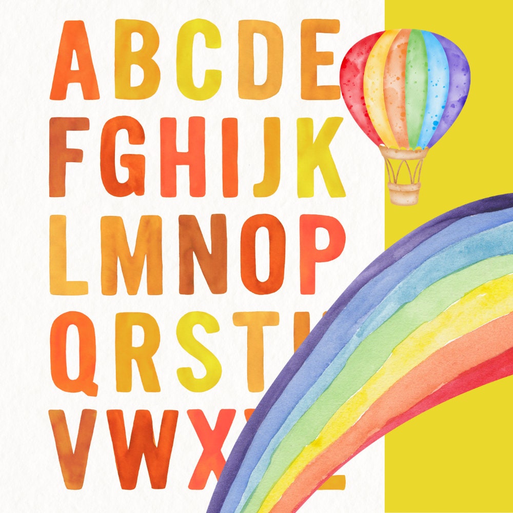 Watercolor Rainbow Alphabet PNG Clipart, Numbers Font (digital Download ...