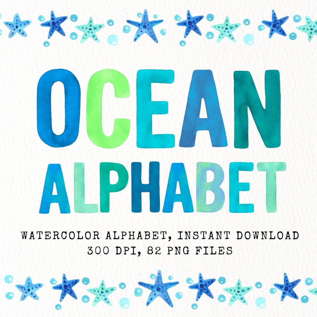 Watercolor Alphabet PNG, Ocean Alphabet, Alphabet Clipart, Alphabet PNG ...