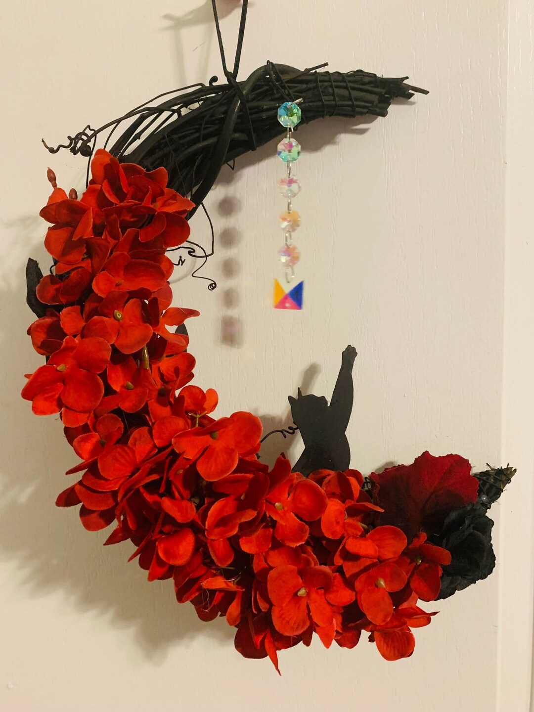 Cat Moon Wreath, Black Cat Wreath, Magical Decor, Crescent Moon, Floral ...