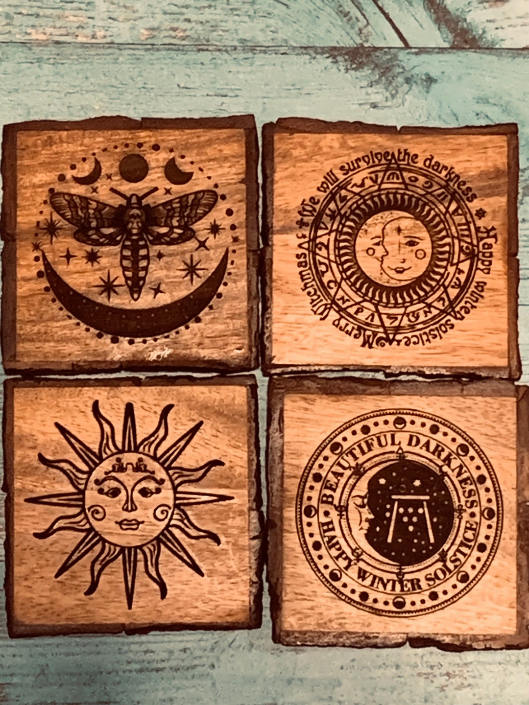 Set of 4 Wood Coasters, Engraved, Winter Solstice, Witch Decor, Pagan ...