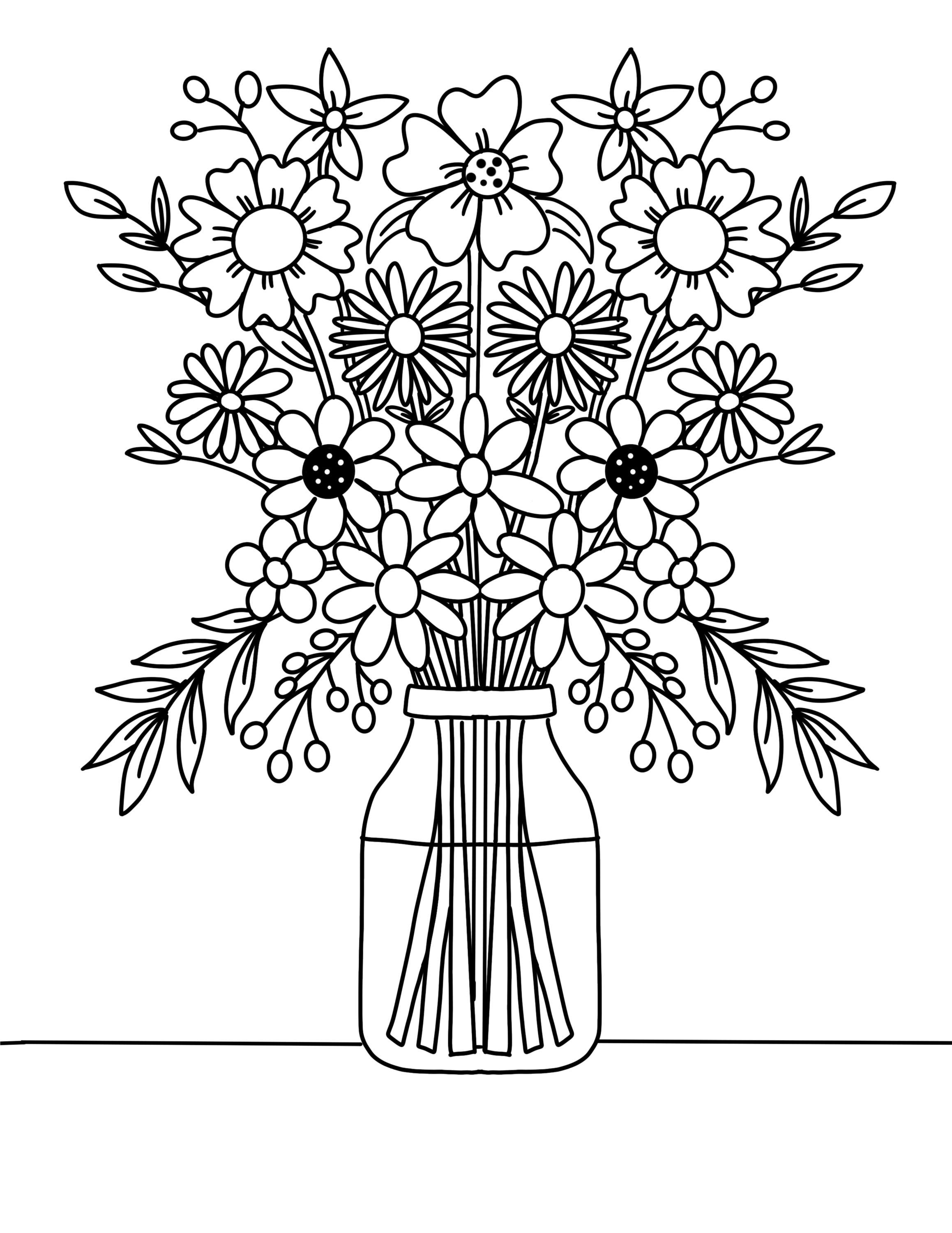 Printable Flower Bouquet Bloom Coloring Page 4 Versions Downloadable. 8 ...