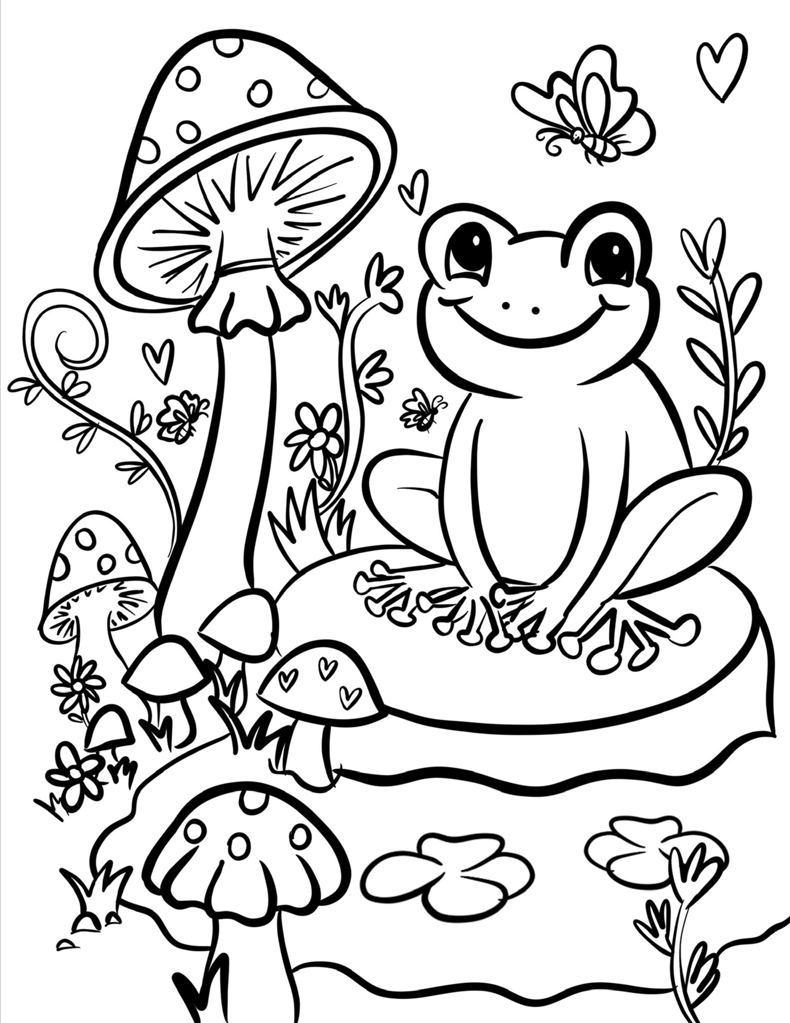 Printable Cute Happy Frog Butterfly Flowers Cottagecore Coloring Page 4 ...