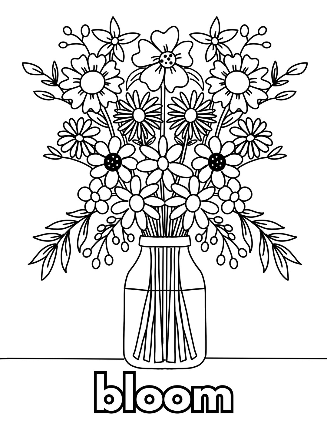 Printable Flower Bouquet Bloom Coloring Page 4 Versions Downloadable. 8 ...