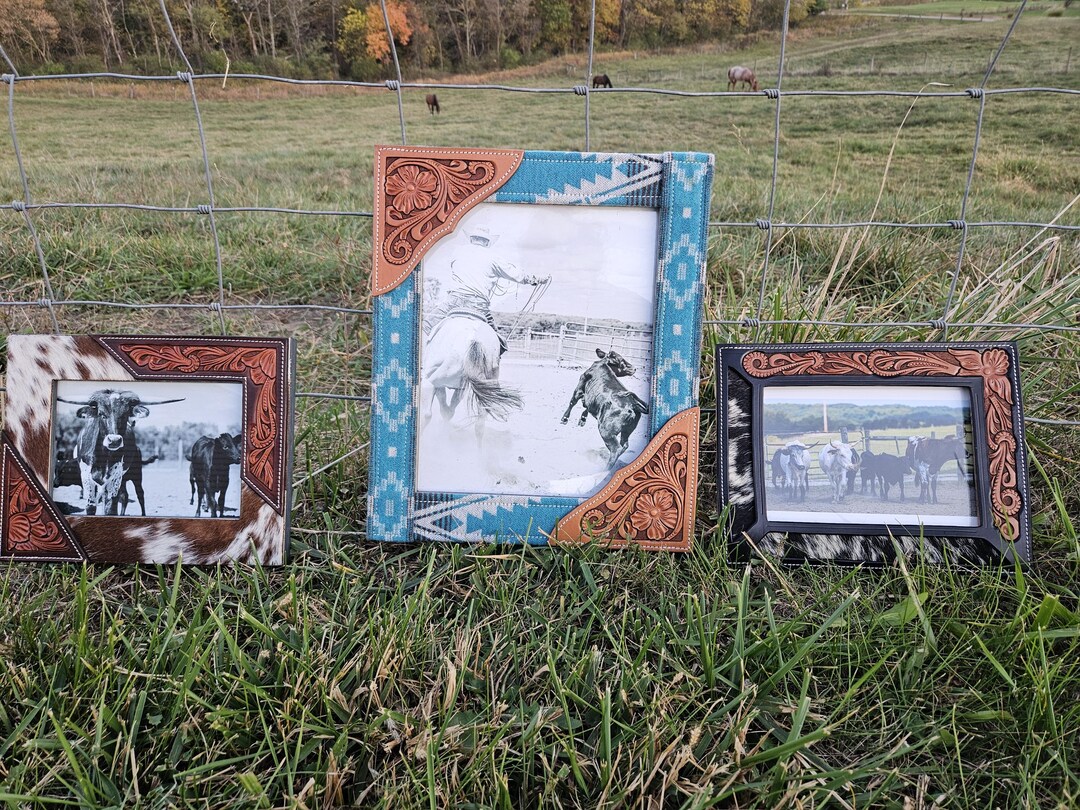 Tooled Leather Picture Frame, Cowhide Picture Frame, Western Art ...