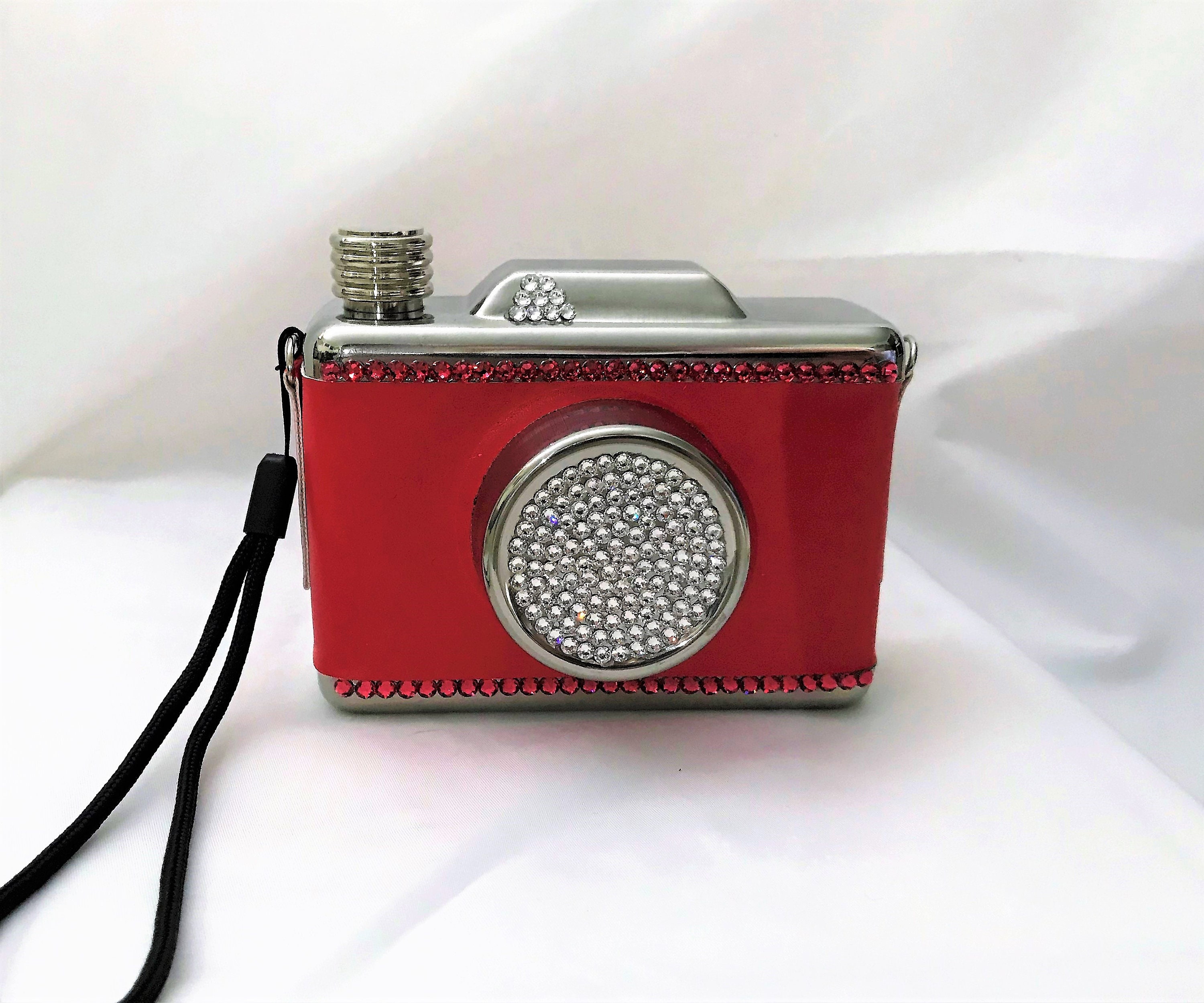 Camera Flask W/swarovski Crystal Stainless Steel 11oz. - Etsy
