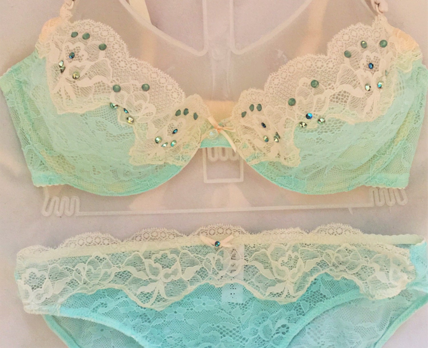 Mint Green and Ivory Delicate Lace Swarovski Crystal Bra and - Etsy