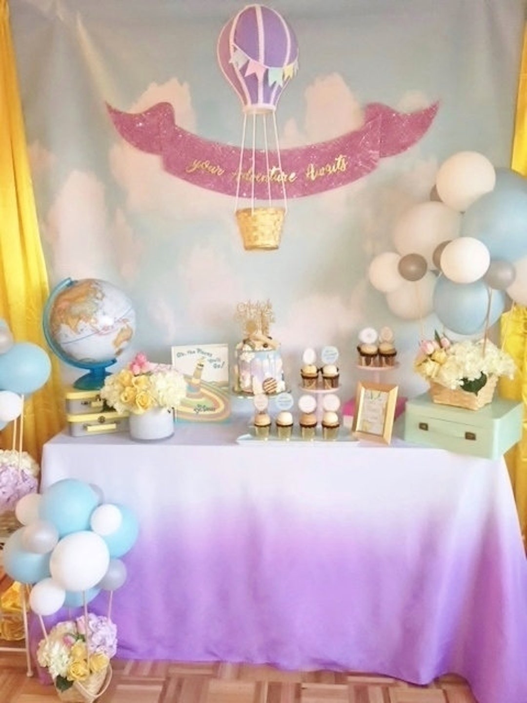 Hot Air Balloon Birthday Tablecloth - up up and Away Tablecloth - Ombre ...