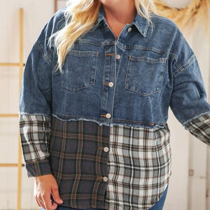 Jean Shacket Women, Washed Cotton Denim Plaid Color Block Jacket, Denim ...