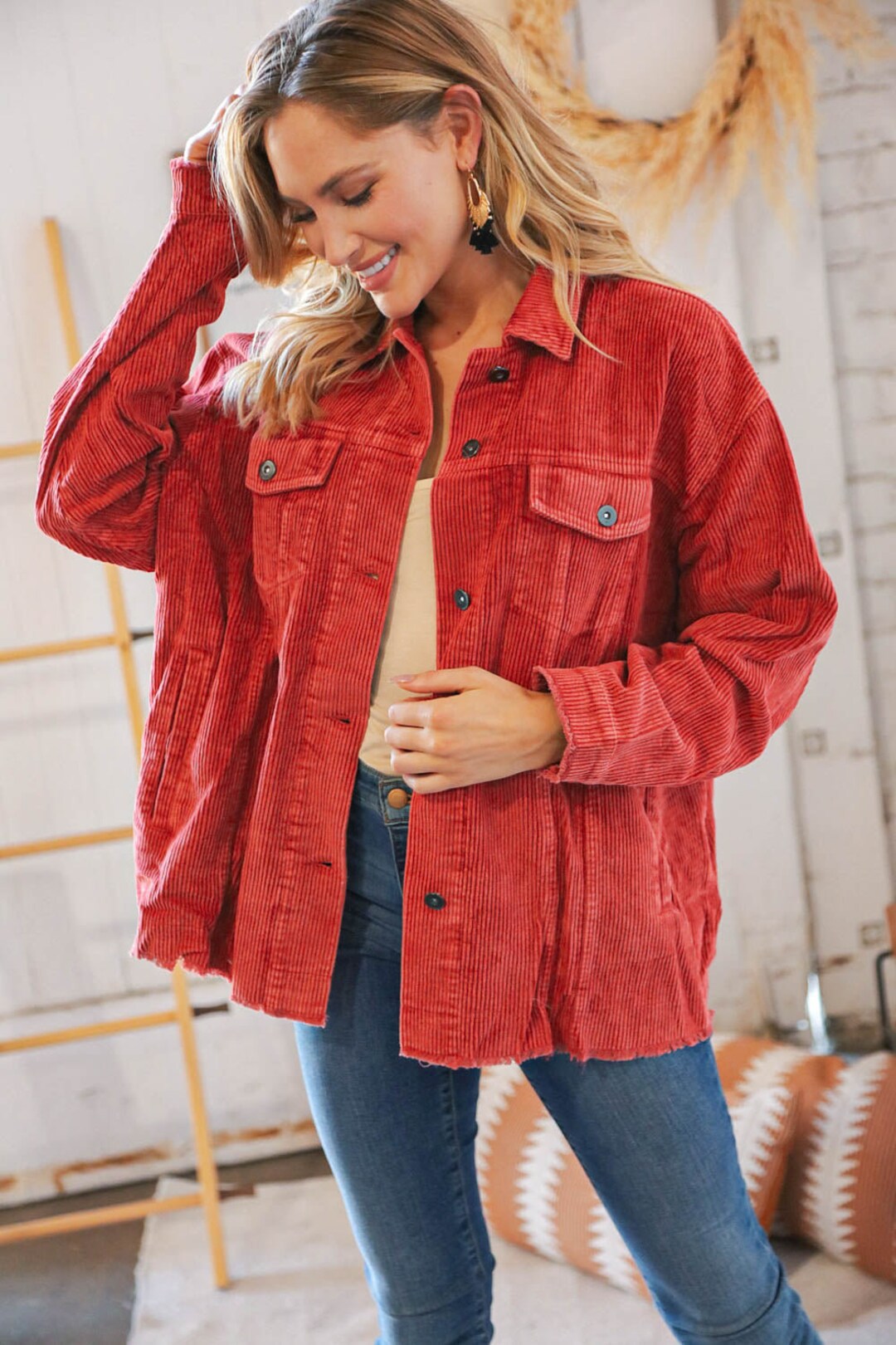 Shacket, LT Rust Ribbed Cotton Oversized Corduroy Frayed Shacket, Womens Jacket, Button Down ...