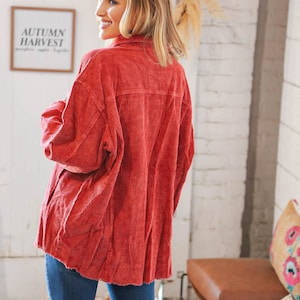 Shacket, LT Rust Ribbed Cotton Oversized Corduroy Frayed Shacket, Womens Jacket, Button Down ...