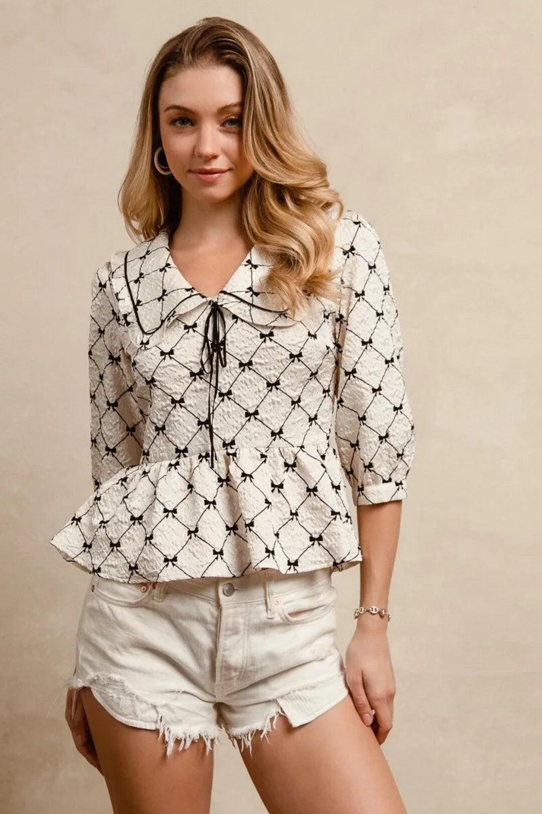 Bow Blouse Womens Top Prints Patterns Ruffle Collar Details Peplum Top ...