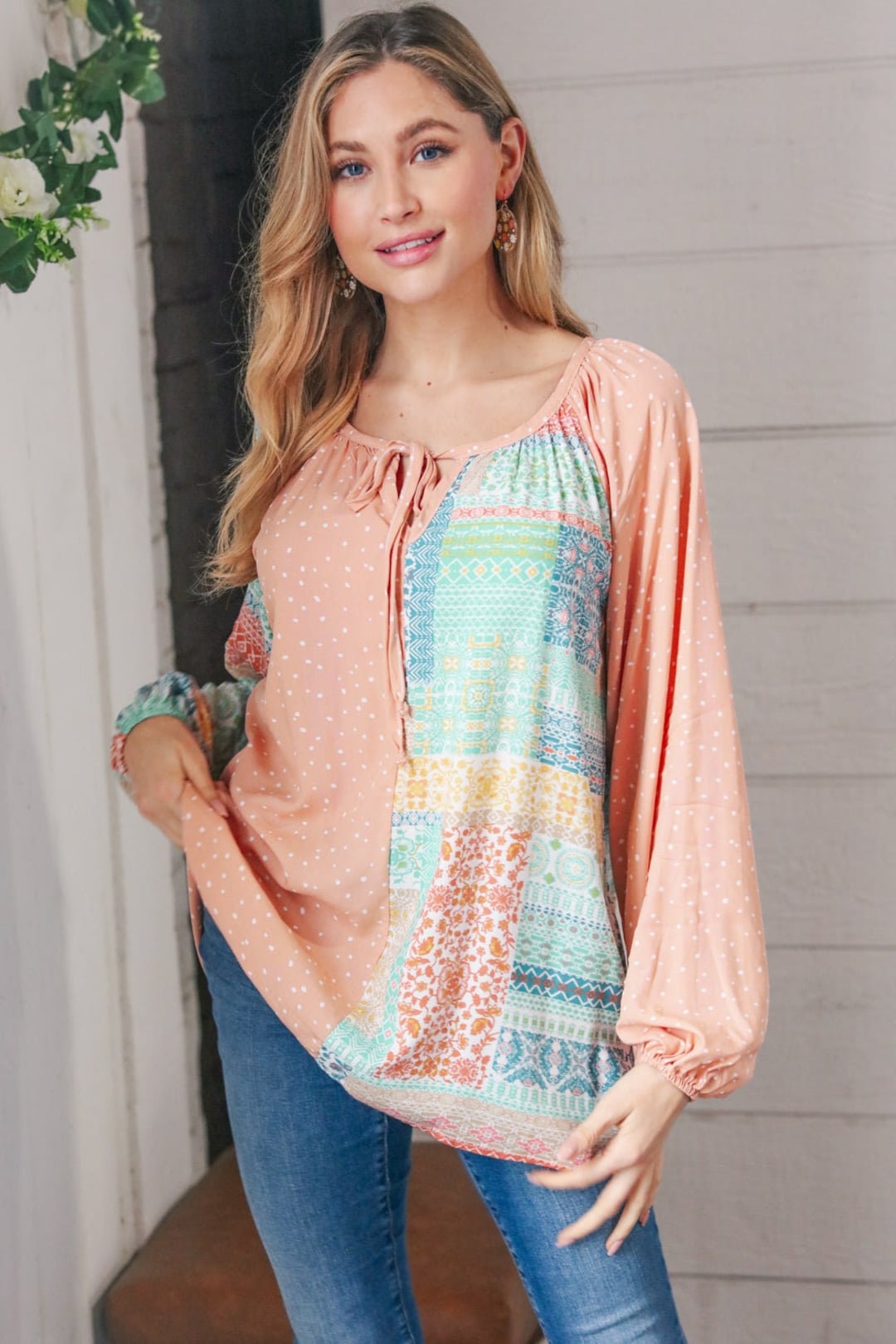 Peasant Blouse, Lantern Sleeve Blouse, Peach & Mint Floral Color Block ...
