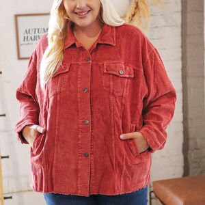 Shacket, LT Rust Ribbed Cotton Oversized Corduroy Frayed Shacket, Womens Jacket, Button Down ...