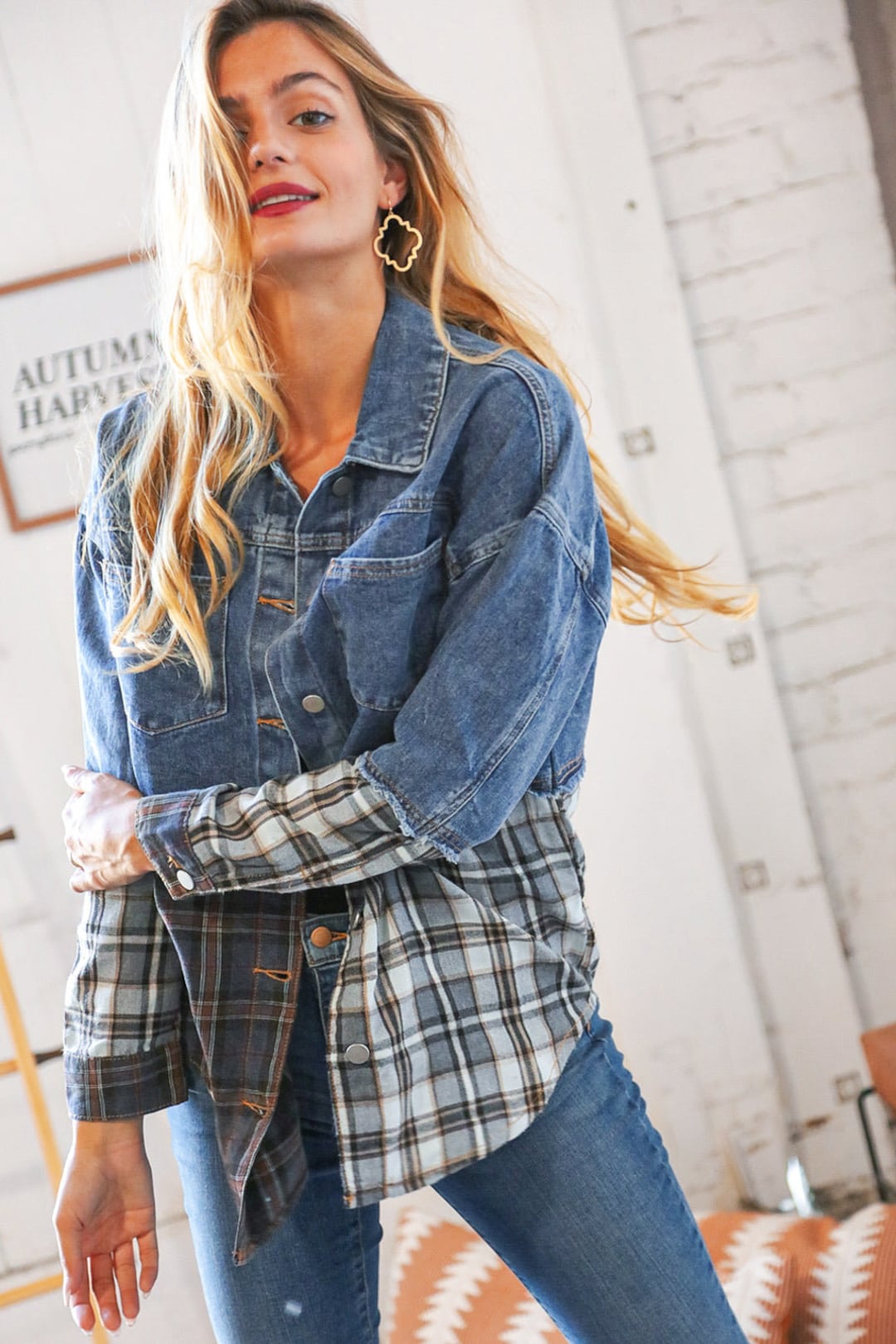 Jean Shacket Women, Washed Cotton Denim Plaid Color Block Jacket, Denim ...