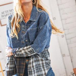 Jean Shacket Women, Washed Cotton Denim Plaid Color Block Jacket, Denim ...