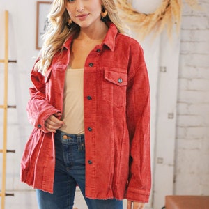 Shacket, LT Rust Ribbed Cotton Oversized Corduroy Frayed Shacket, Womens Jacket, Button Down ...