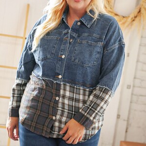 Jean Shacket Women, Washed Cotton Denim Plaid Color Block Jacket, Denim ...