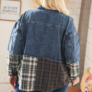 Jean Shacket Women, Washed Cotton Denim Plaid Color Block Jacket, Denim ...