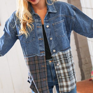 Jean Shacket Women, Washed Cotton Denim Plaid Color Block Jacket, Denim ...