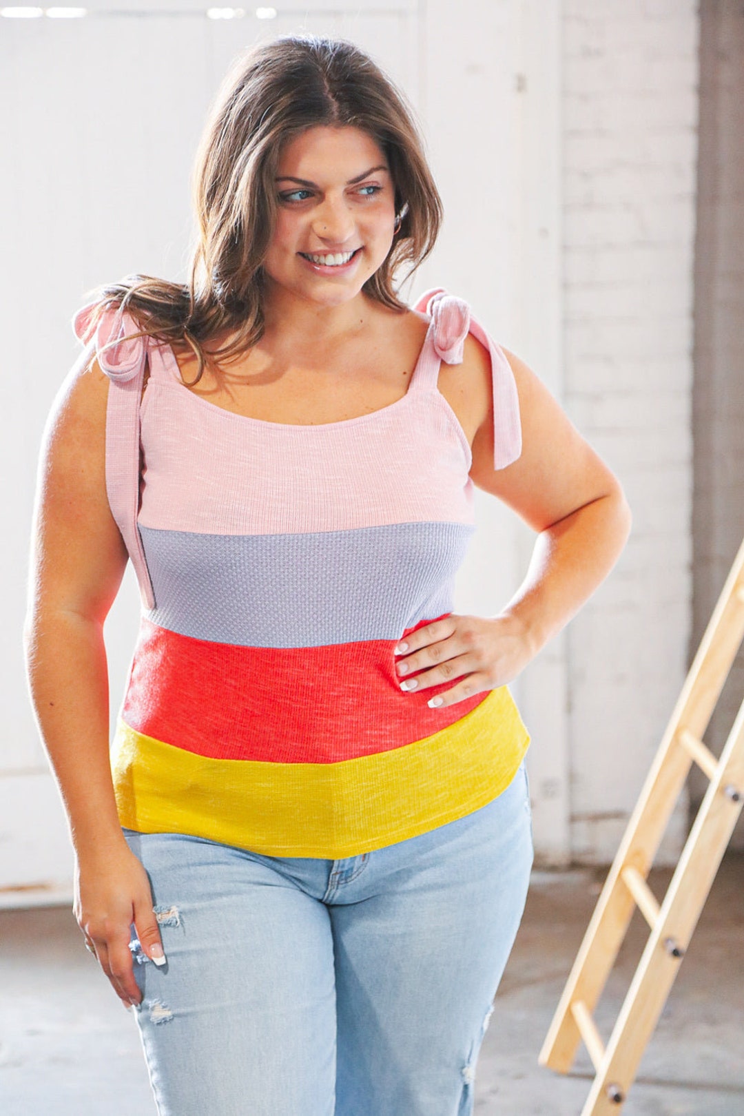Colorful Top Pink/lavender Waffle Thermal Color Block Slim - Etsy