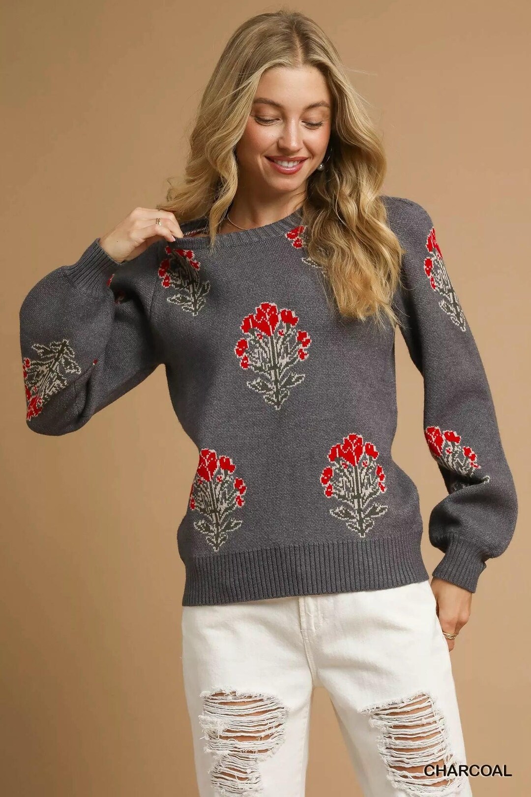 Pretty in Poppies Floral Jacquard Sweater in Charcoal - Etsy