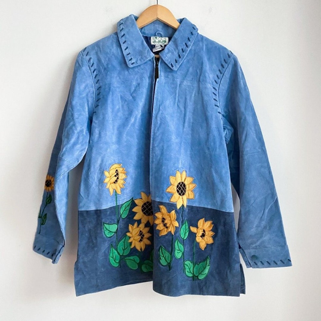 The Quacker Factory Blue Suede Sunflower Patchwork Beaded Zip up Jacket ...