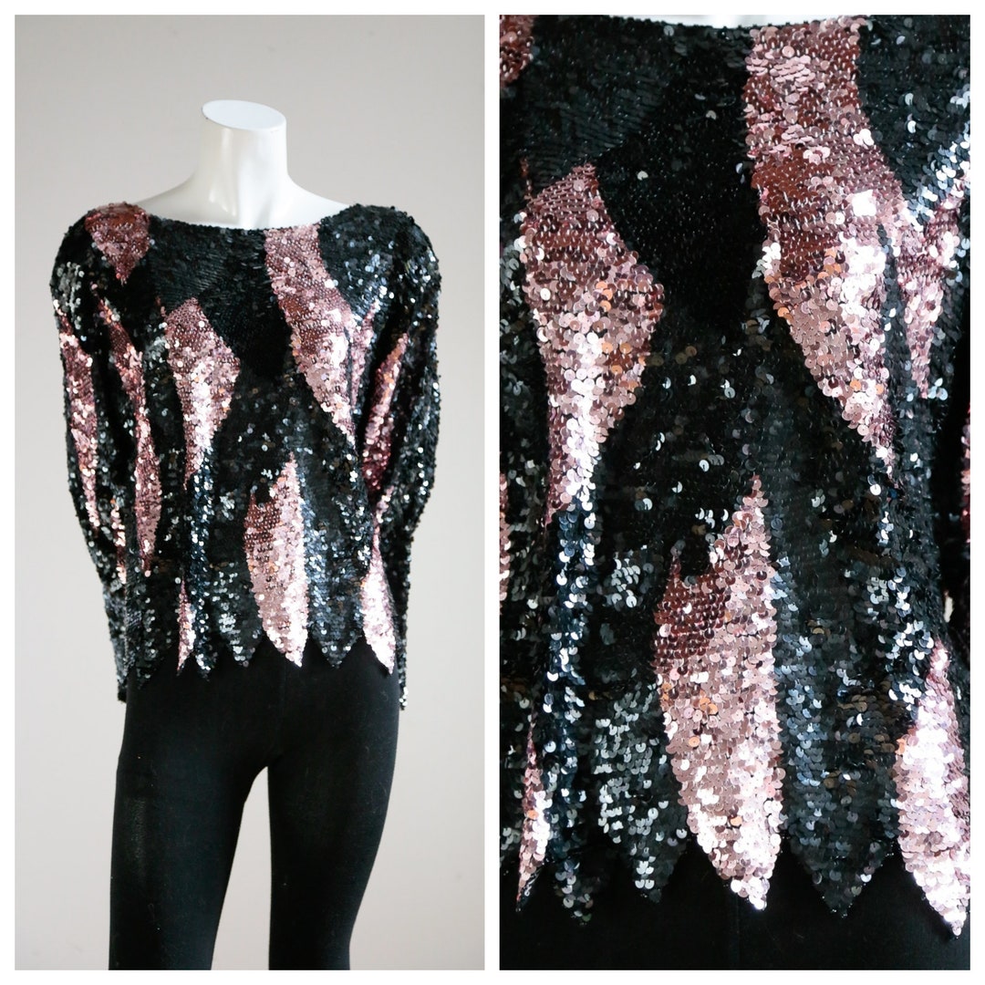 Black Pink Sequin Top | Long Sleeves Sequin Top | Holiday Sequin Top ...