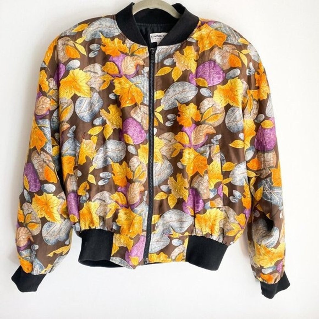 Vintage Carol Horn Silk Colourful Leaf Print Bomber Jacket M - Etsy
