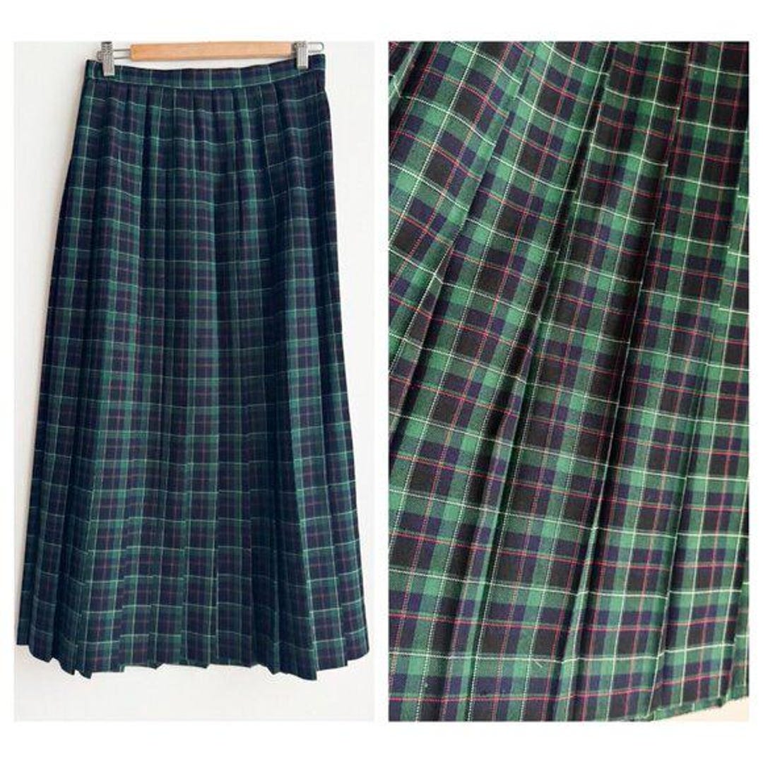 Vintage Susan Bristol Green Blue Plaid Pleated Midi Skirt 8 - Etsy