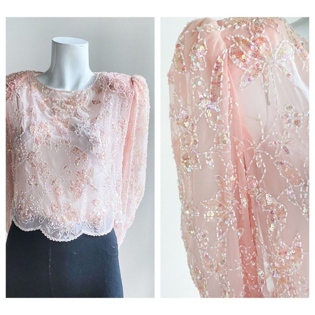 Vintage SILK Peach Pink Beaded Embroidered Cropped Evening Top M - Etsy