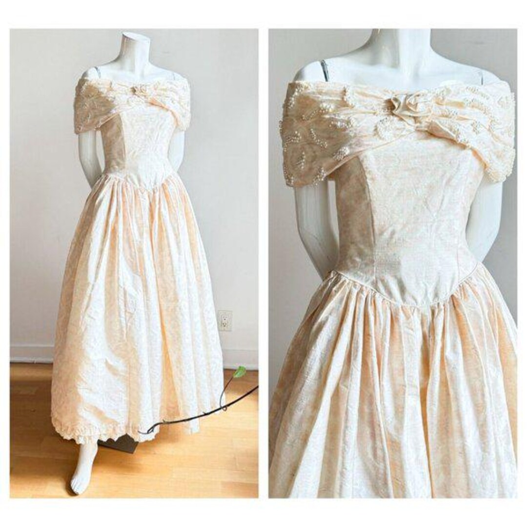 Valencienne Ivory Silk Demask off the Shoulder Princess Style Beaded Ball Gown S - Etsy