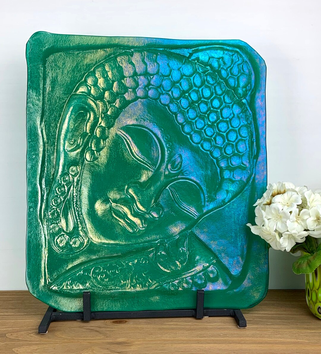 Green Buddha Fused Glass Art For Yoga Or Meditation Room 15 Tall Stand Included Etsy