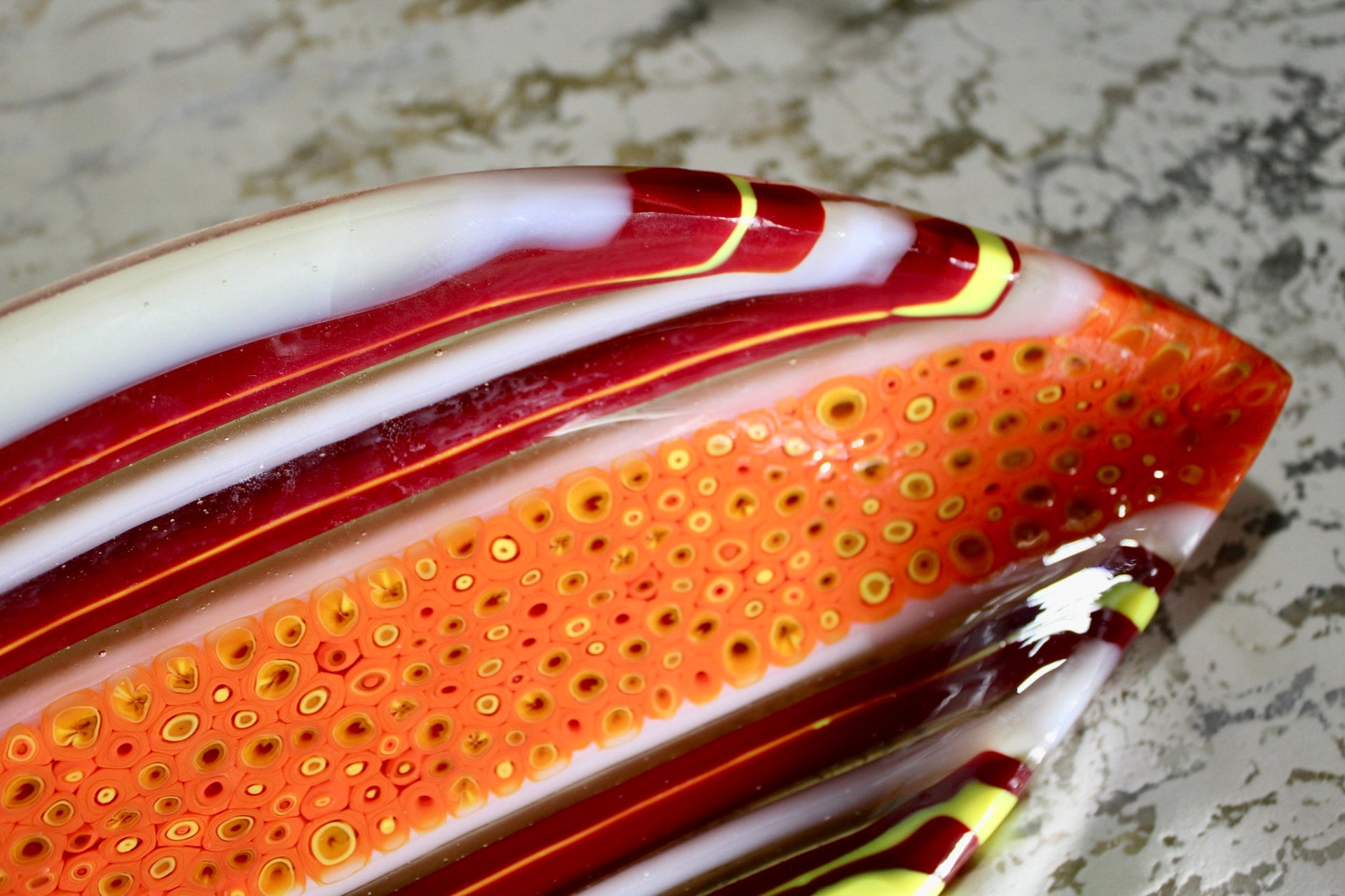 Orange, Red and Yellow Glass Murrini Fused Glass Art Kayak or Surfboard ...