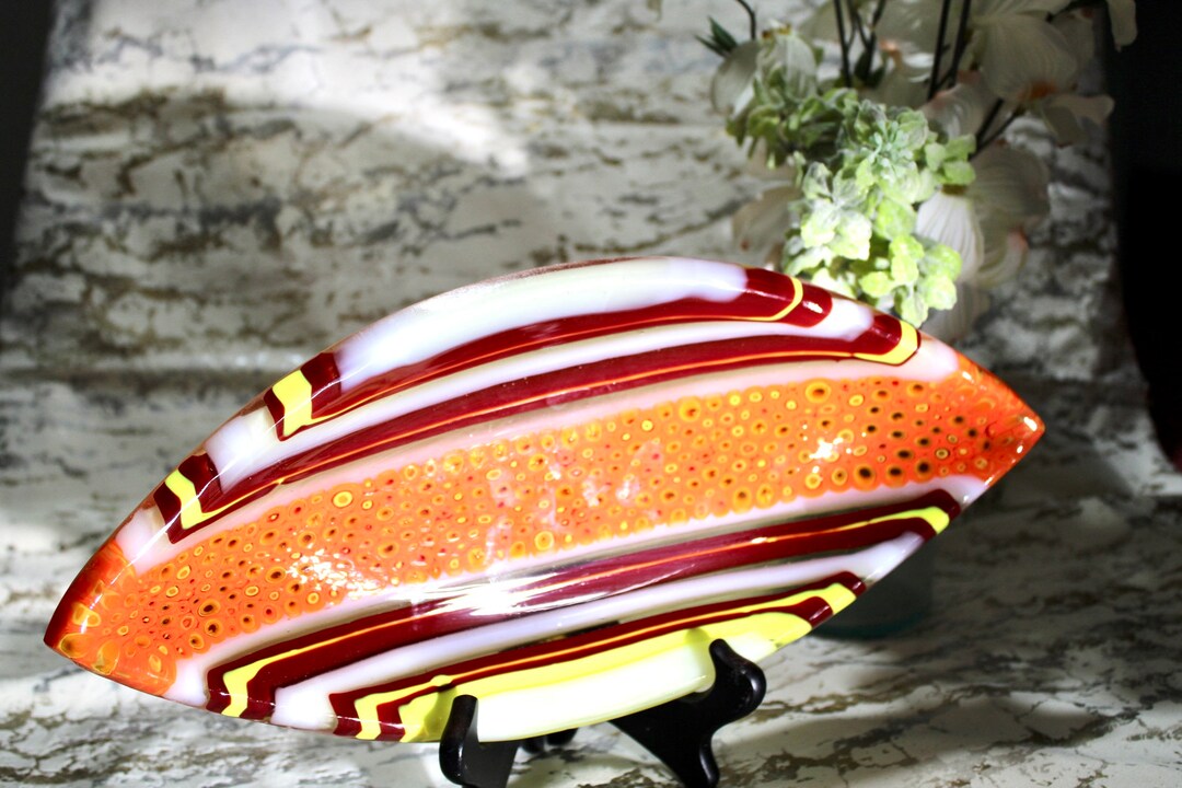 Orange, Red and Yellow Glass Murrini Fused Glass Art Kayak or Surfboard ...