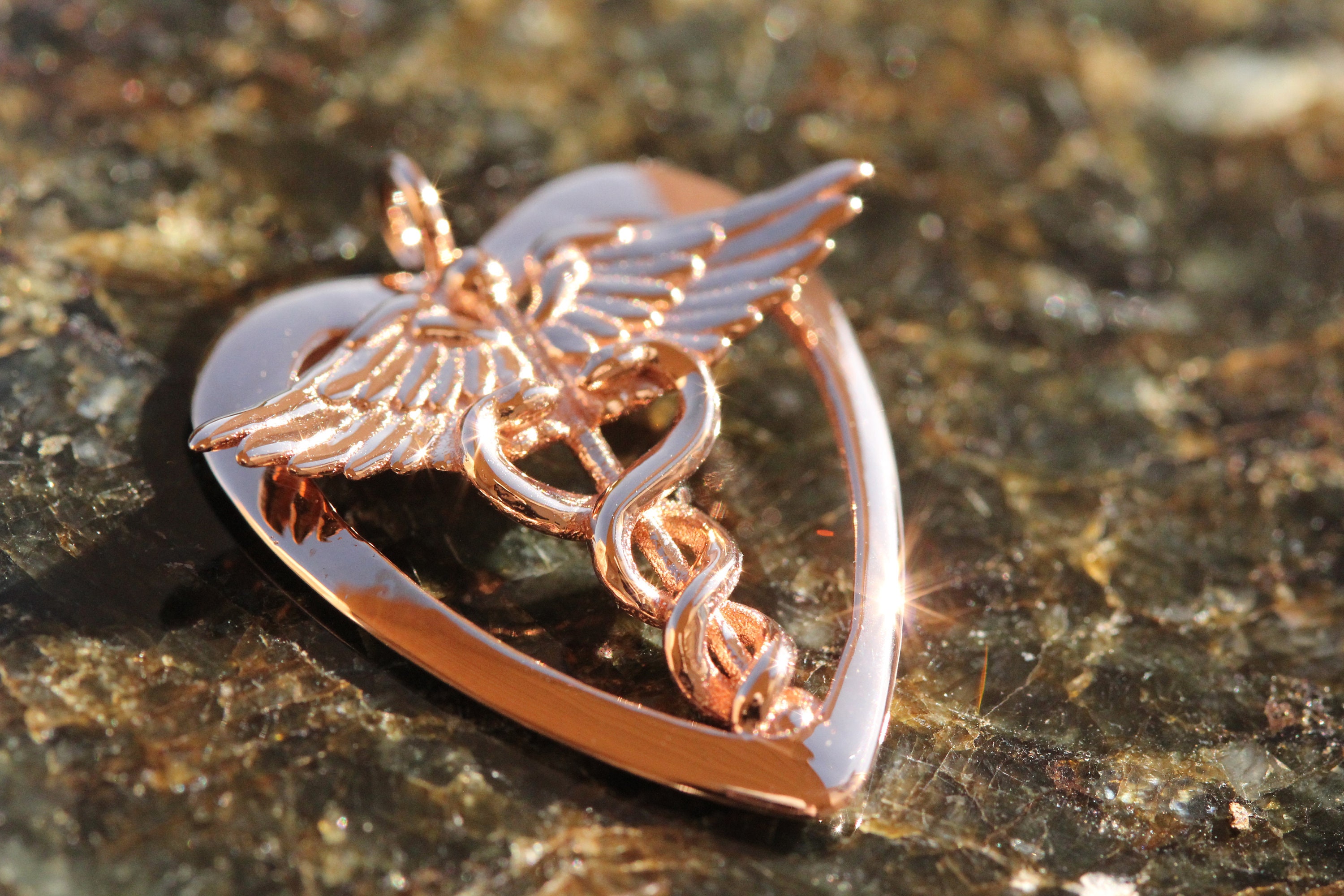 Rose Gold Heart Caduceus Pendant, Heart Necklace, Medical Symbol ...