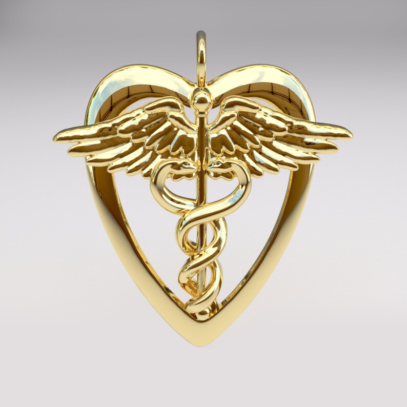 Heart Caduceus Pendant, 14k Gold Plated, Caduceus Symbol of Medicine ...