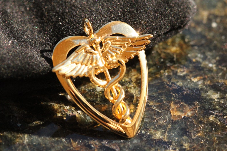 Heart Caduceus Pendant, 14k Gold Plated, Caduceus Symbol of Medicine ...