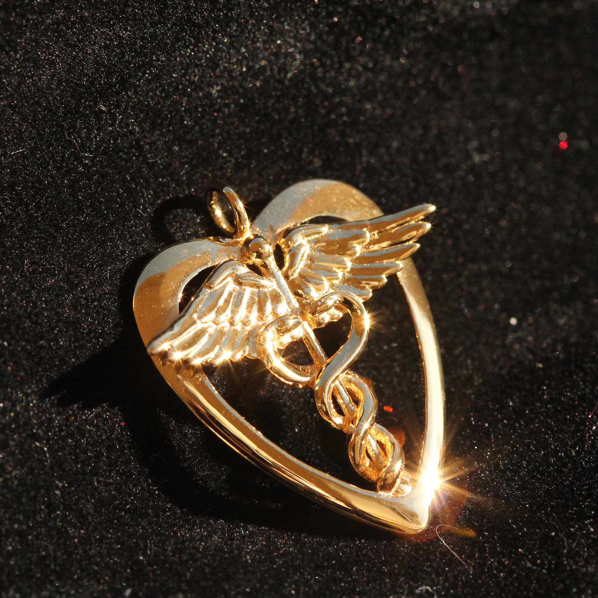 Heart Caduceus Pendant, 14k Gold Plated, Caduceus Symbol of Medicine ...
